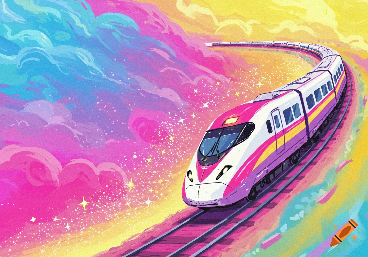 A pink and white high-speed train rides on tracks through a vibrant ...