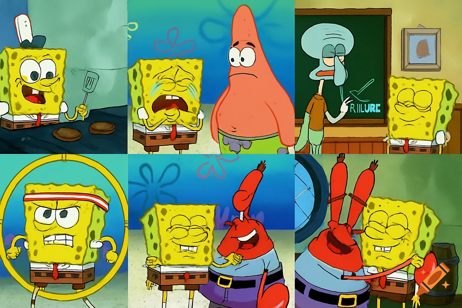 Collage of Spongebob Squarepants characters in different scenes on Craiyon