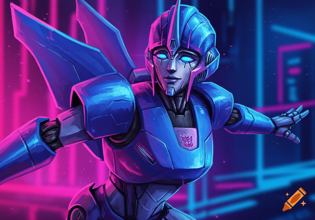 Arcee, a blue and pink Transformers robot, poses against a neon ...