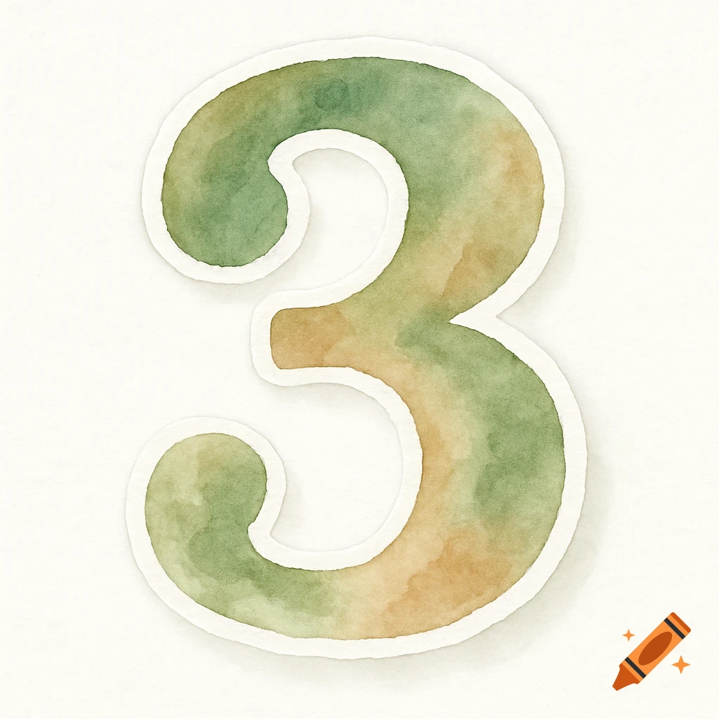 Watercolor number 3 in green and brown with a white border. on Craiyon