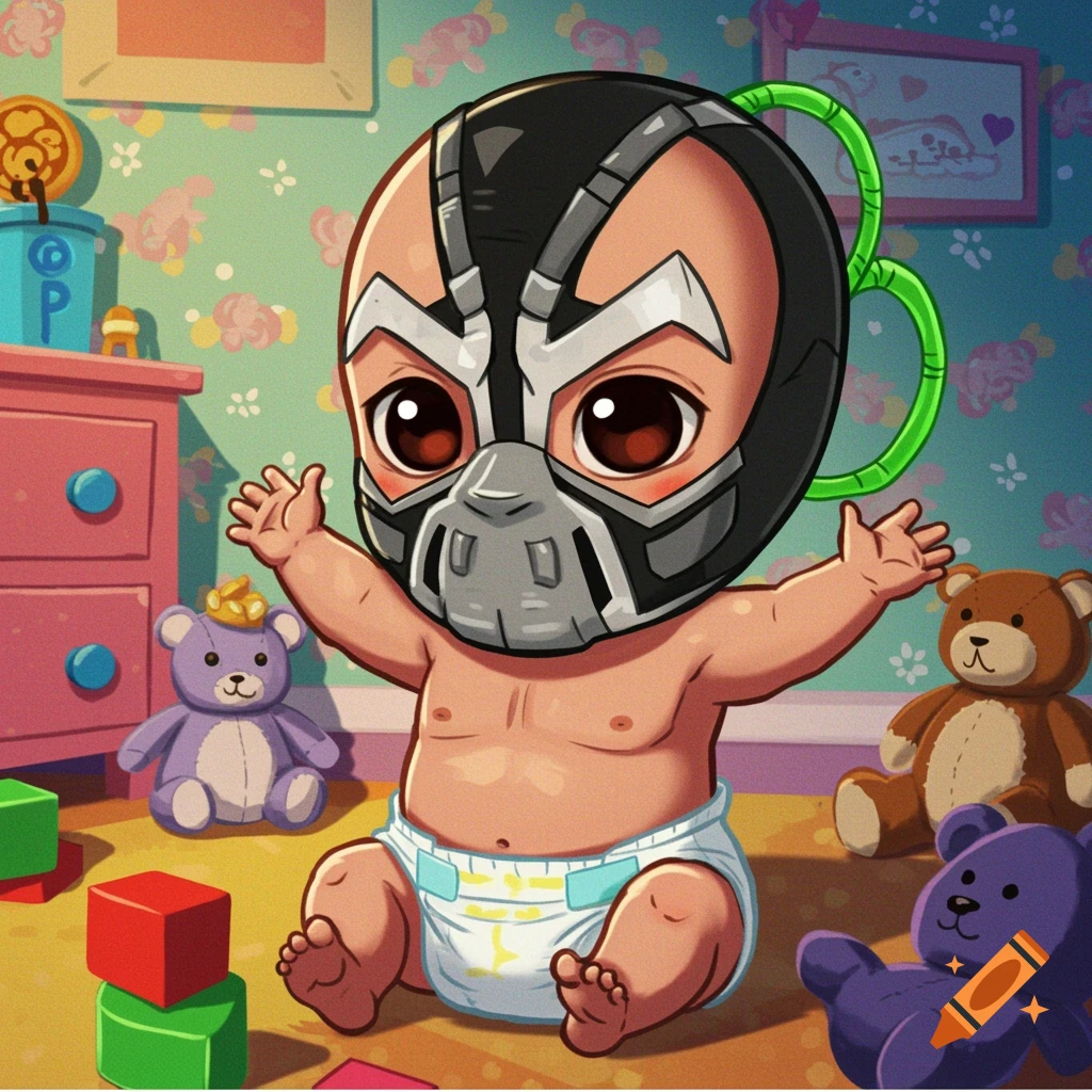 A cartoon baby wearing Bane's mask sits in a nursery surrounded by toys ...