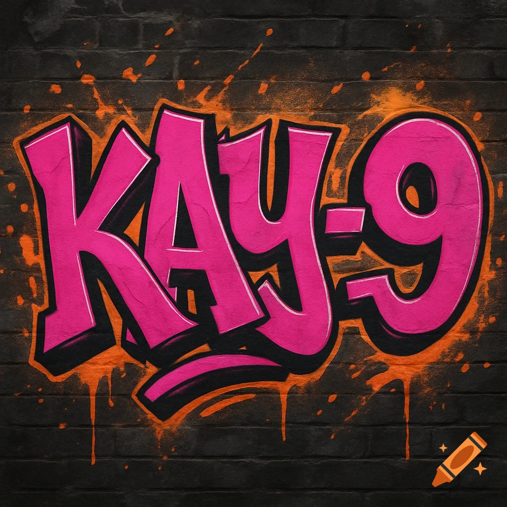 Pink graffiti letters spelling KAY-9 with orange accents on a brick ...