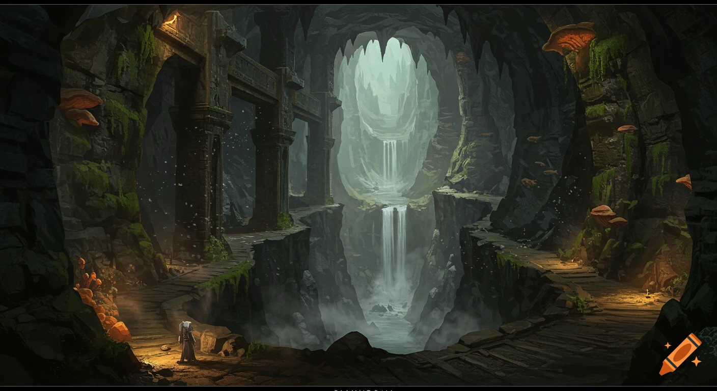 Atmospheric fantasy art of a large underground cave with waterfalls ...
