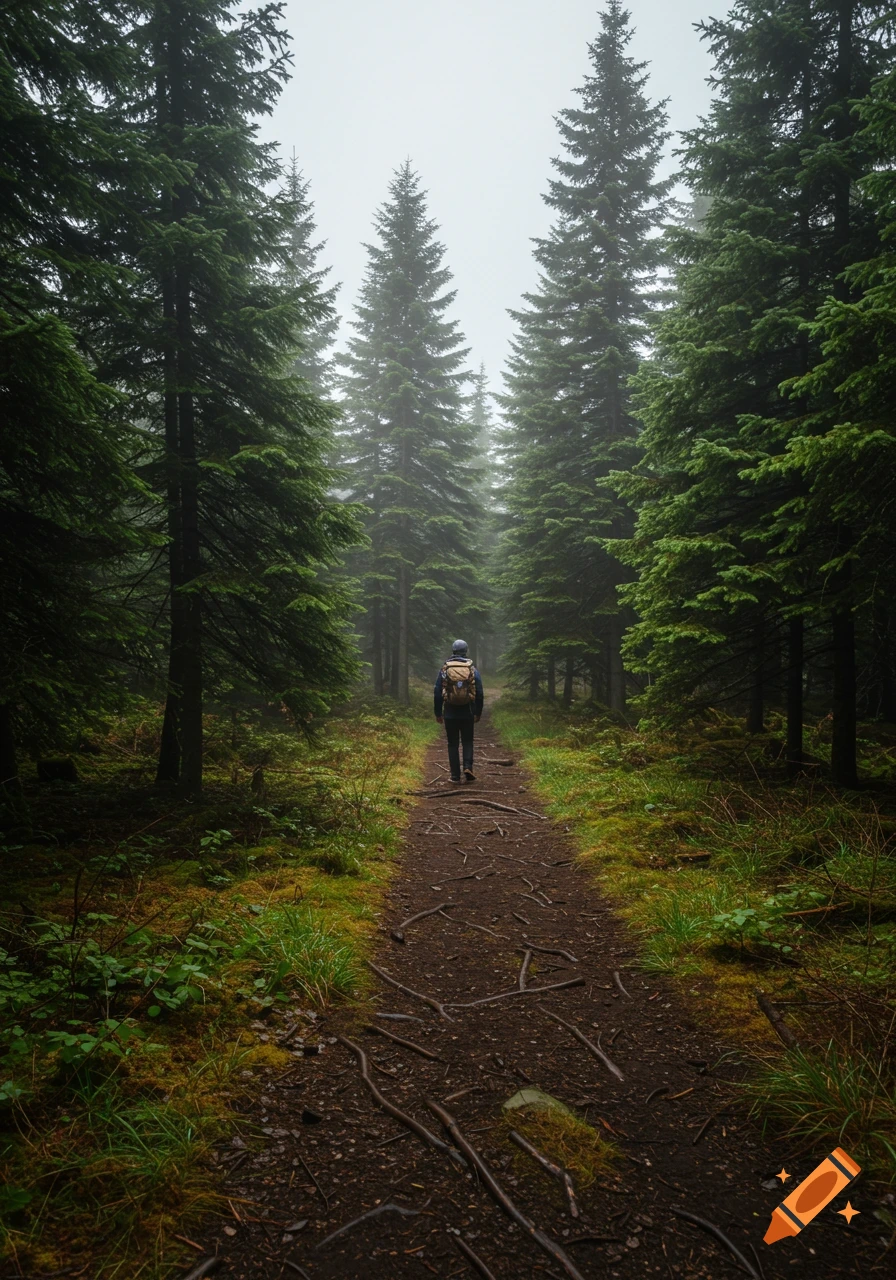 Person hiking on a muddy path through a foggy evergreen forest on Craiyon