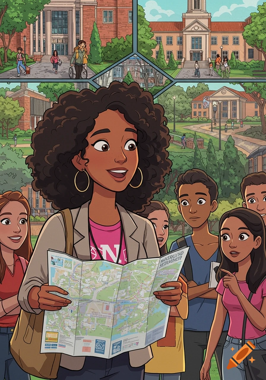 Cartoon image of a female tour guide with a map, surrounded by students ...