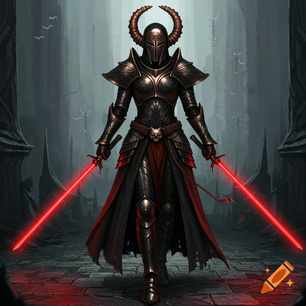 Figure in dark horned armor holding two glowing red swords stands on a ...
