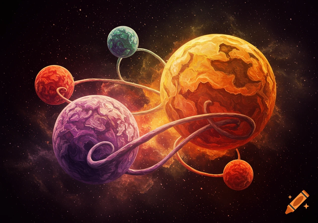 Colorful, textured planets connected by swirling tendrils in a starry ...