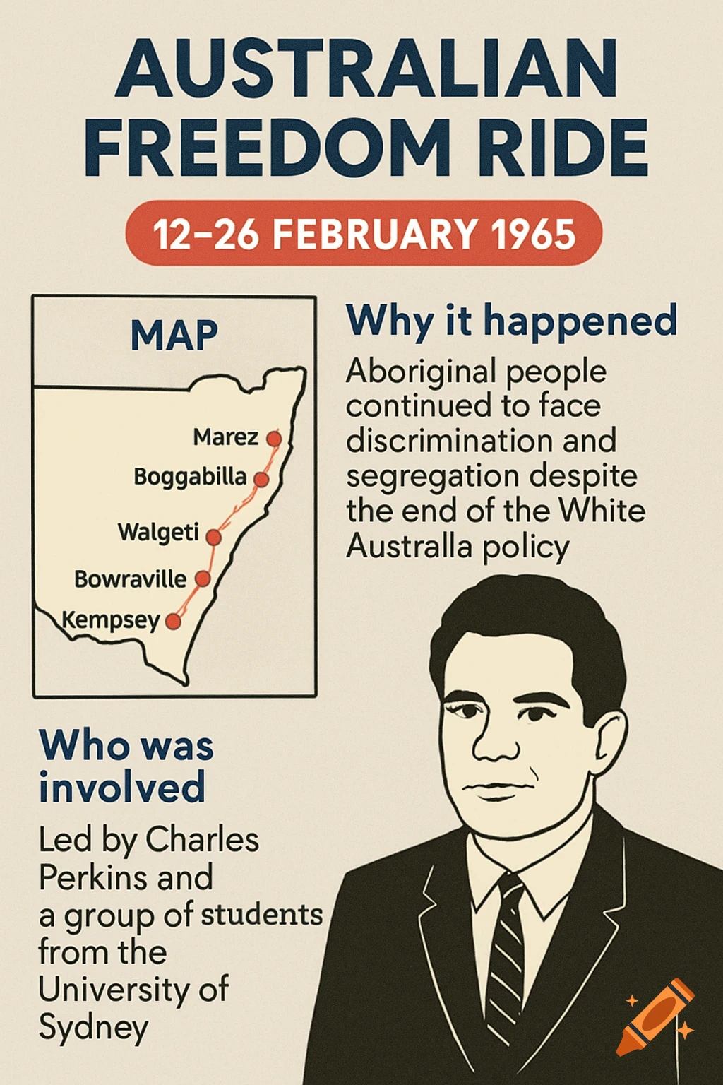 Infographic about the Australian Freedom Ride, showing text, a map of ...
