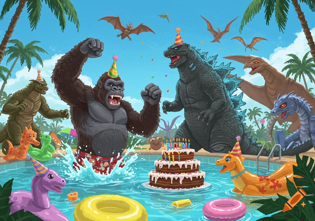 King Kong and Godzilla have a birthday pool party with other monsters ...