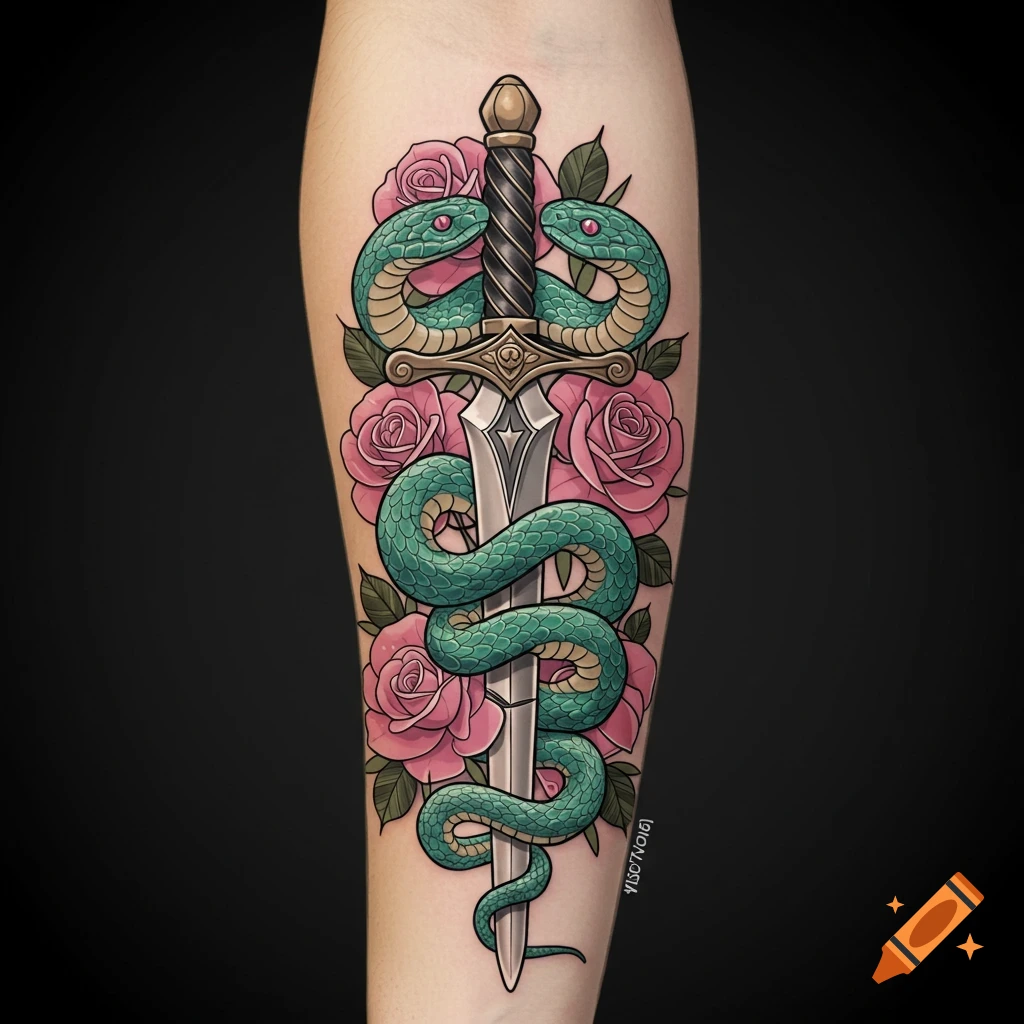 A stylized tattoo design featuring a sword with two snakes wrapped ...