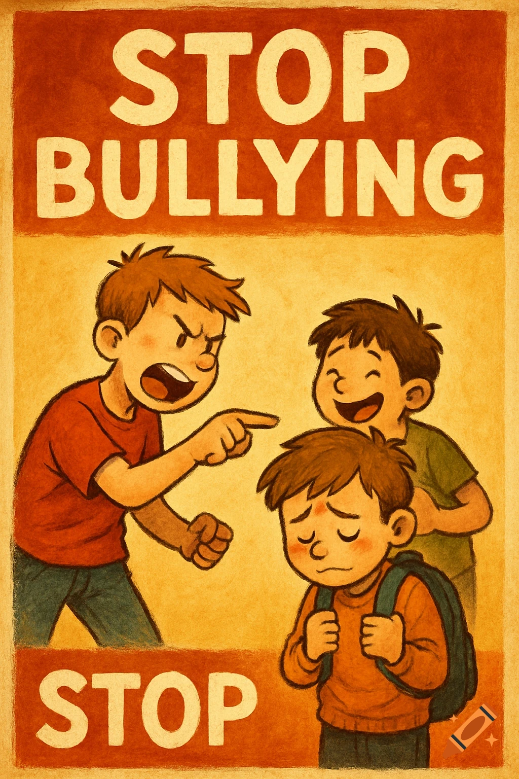 Cartoon anti-bullying poster showing one boy yelling at another, text ...