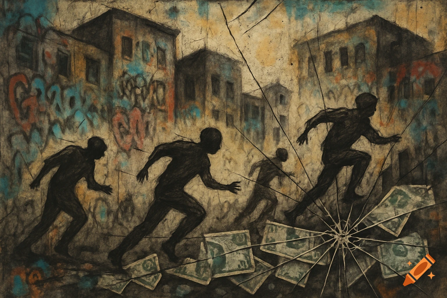 Stylized mixed-media mural of silhouettes running past graffiti and ...
