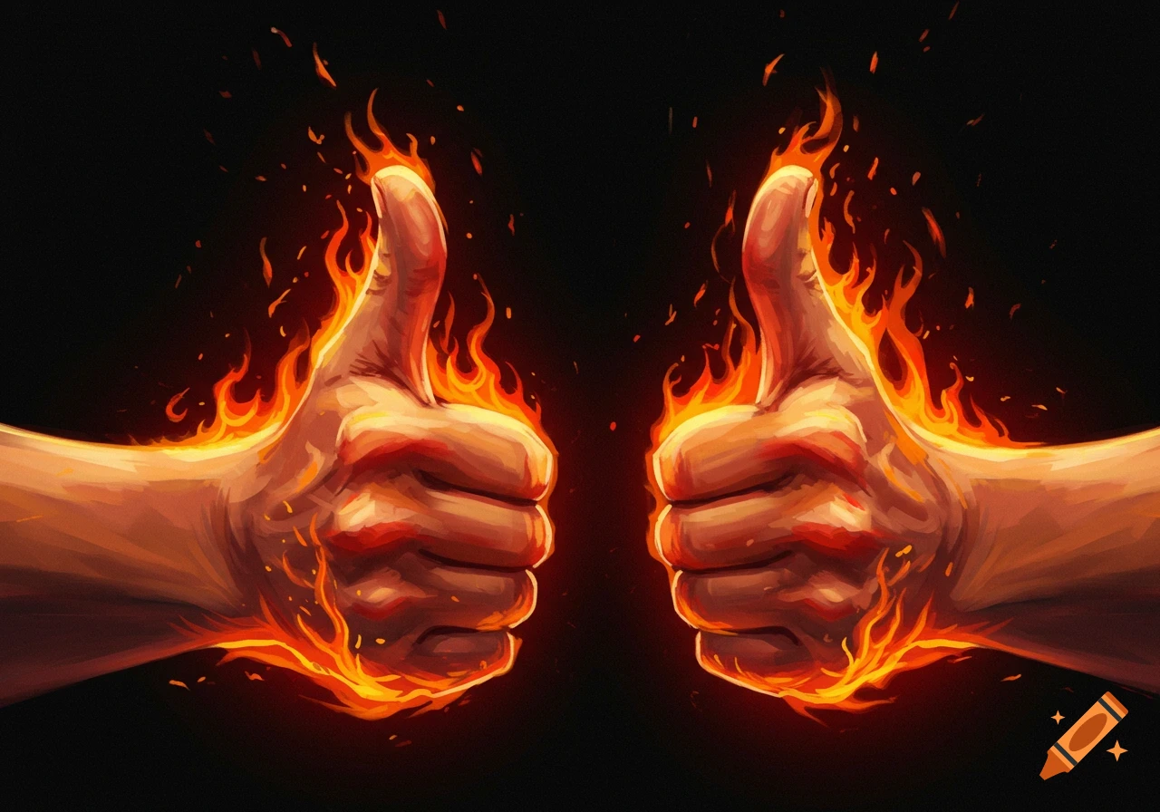 Two hands giving thumbs up are engulfed in bright orange and yellow ...