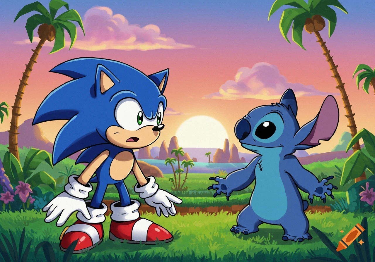 Cartoon illustration of Sonic the Hedgehog meeting Stitch in a tropical ...
