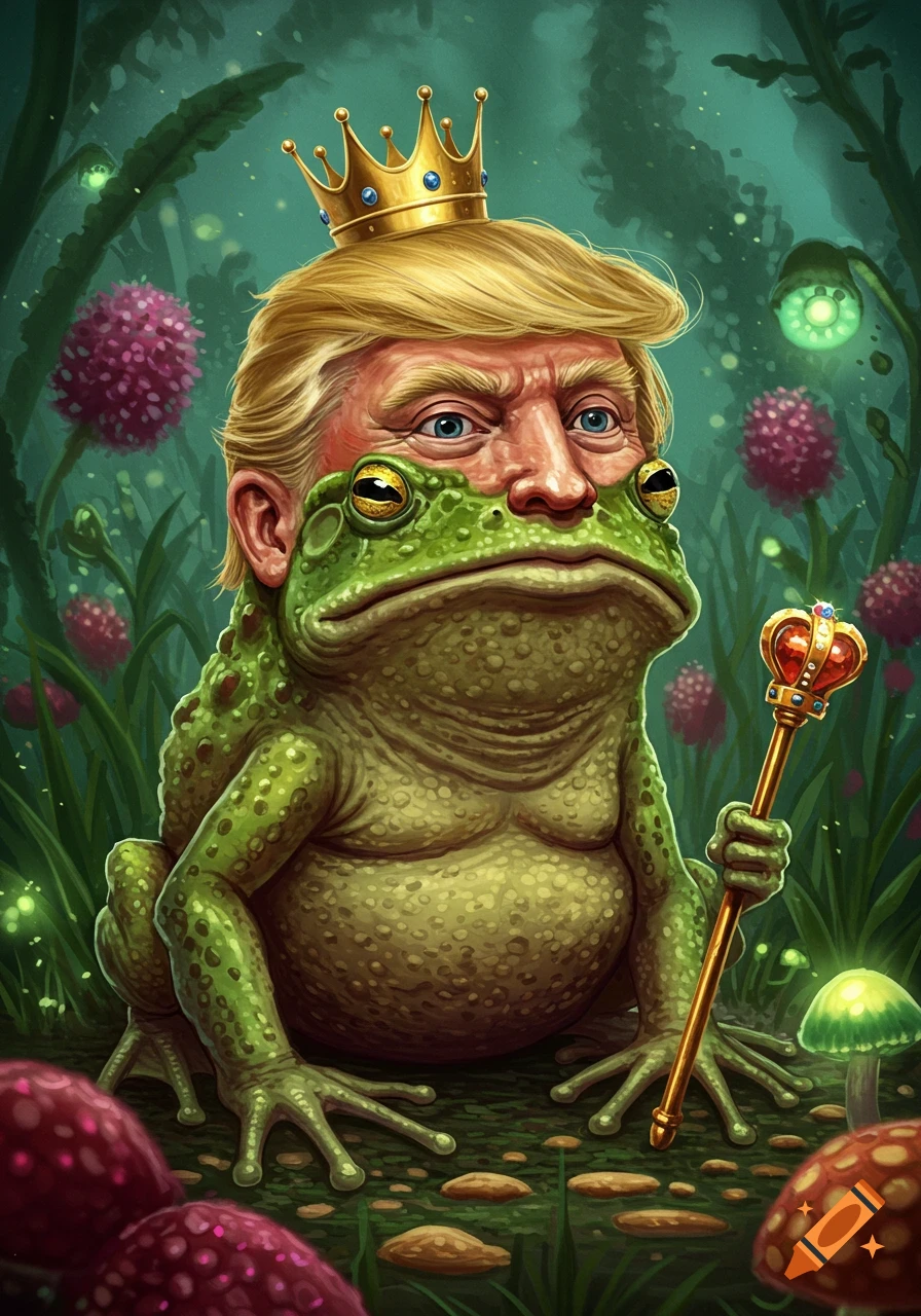 A frog with Donald Trump's head wears a crown and holds a scepter in a ...