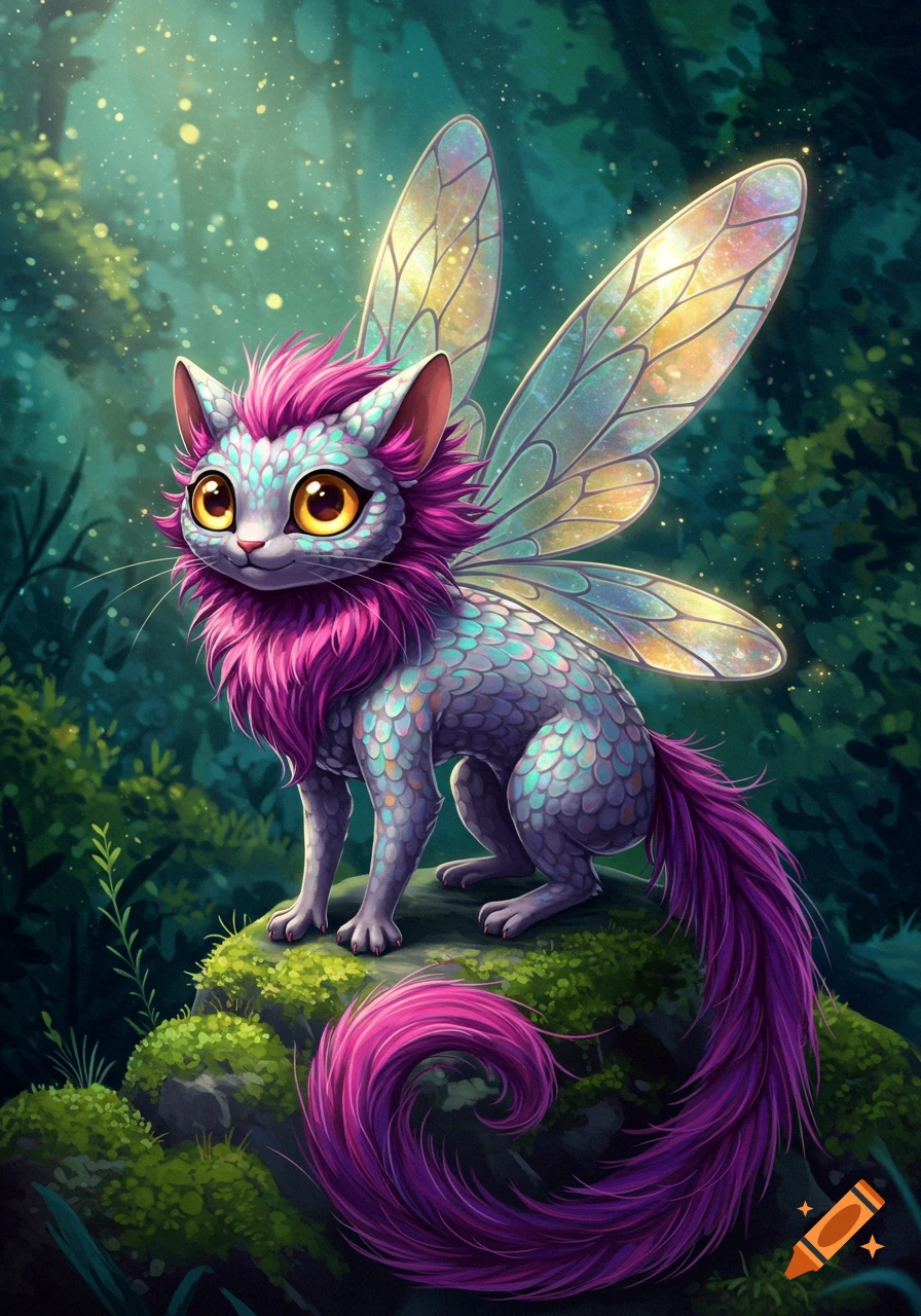 A fantasy cat creature with scales, fairy wings, and pink fur sits on a ...