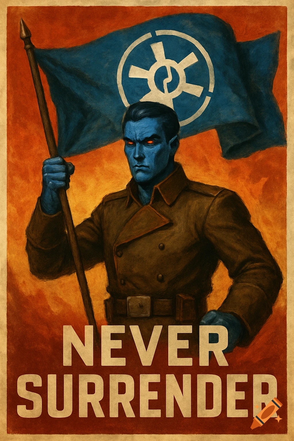 Propaganda poster of a blue-skinned figure in uniform holding a flag ...