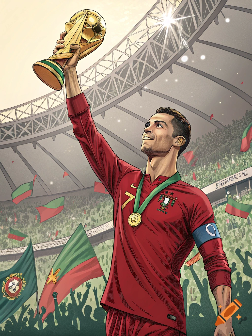 Stylized illustration of Cristiano Ronaldo holding the World Cup trophy in a stadium. on Craiyon
