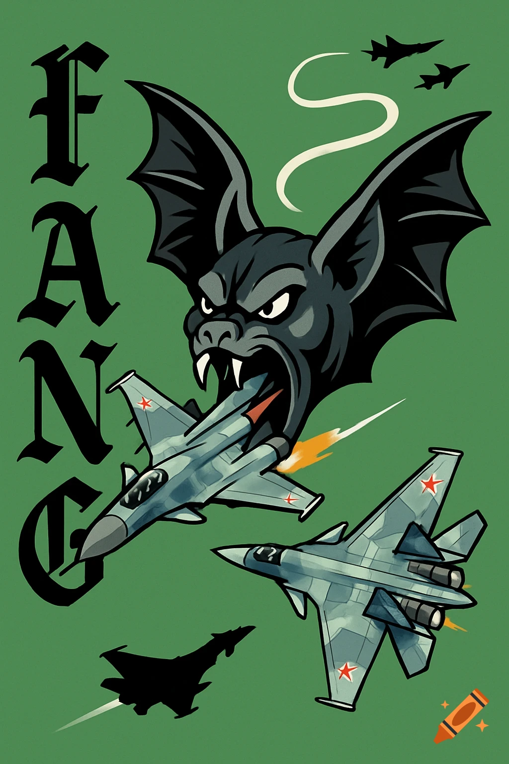 Graphic illustration of a bat head attacking fighter jets on a green ...