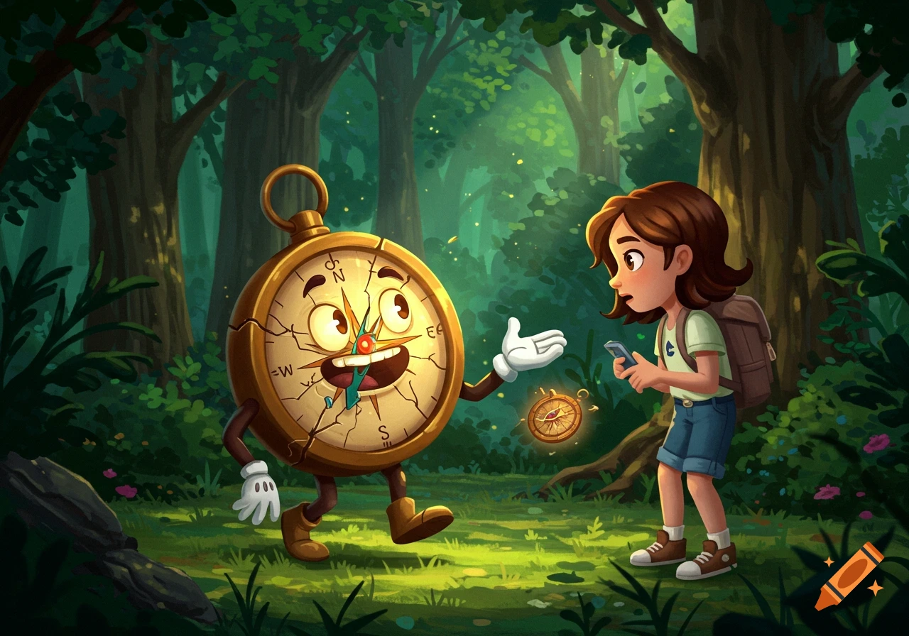 Cartoon compass character talks to a girl holding a phone in a forest ...