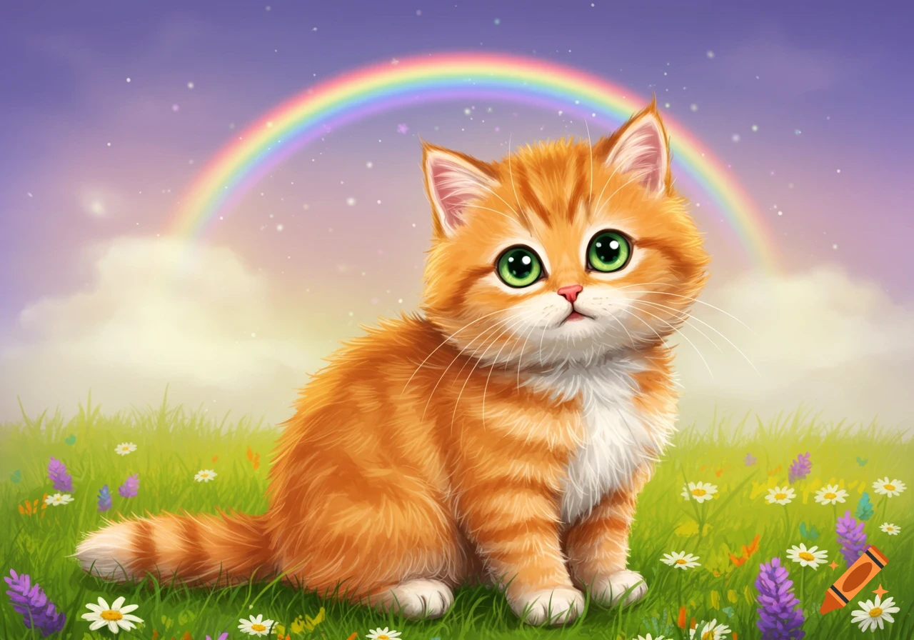 Cute cartoon kitten sitting in a grassy field with flowers and a ...