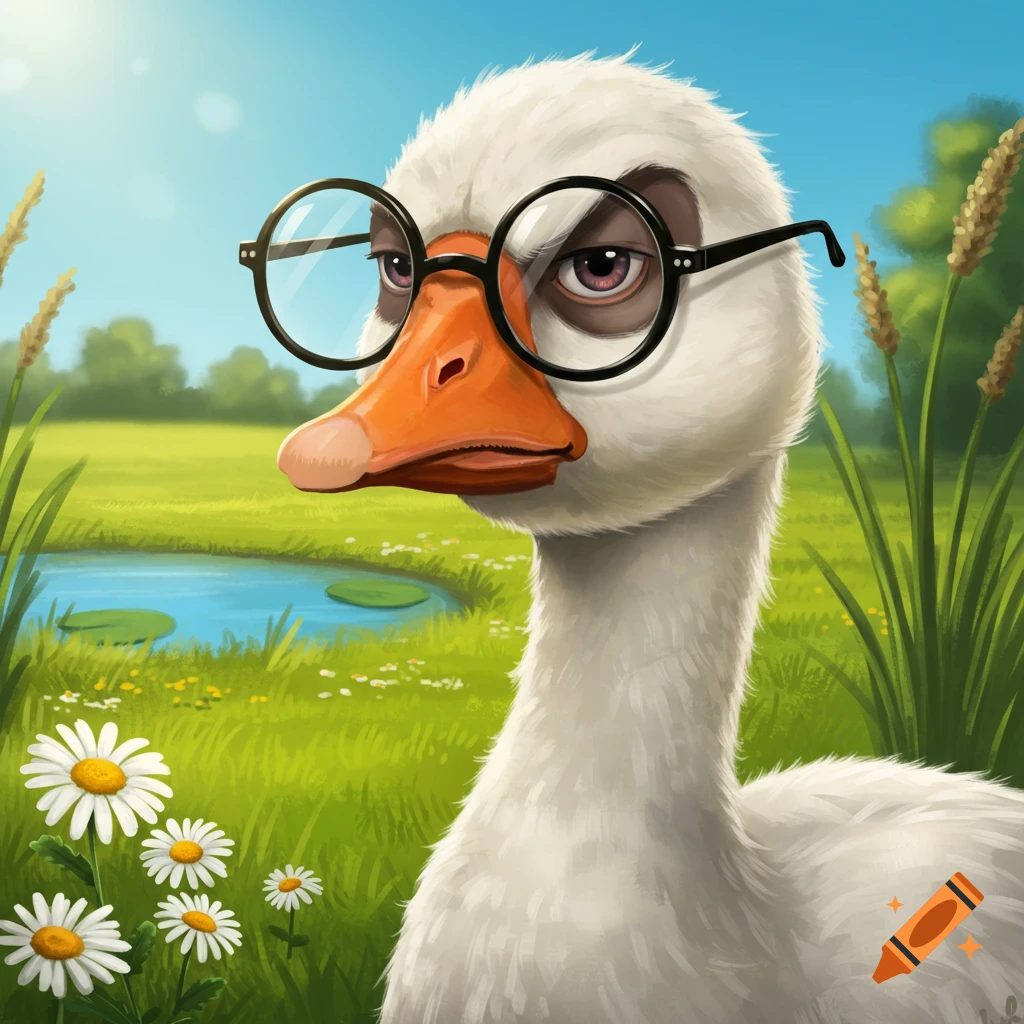 Illustration of a grumpy goose wearing glasses in a field. on Craiyon
