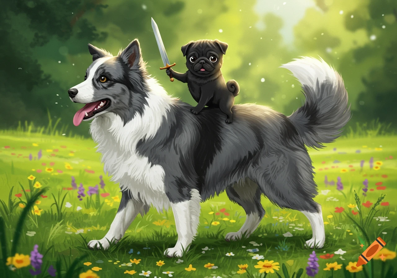 Illustration of a black pug holding a sword riding a border collie ...