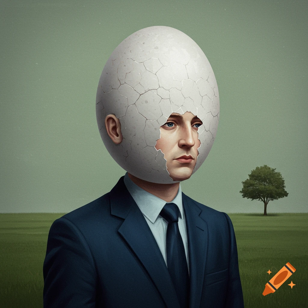 Surreal portrait of a man with a cracked egg head in a suit standing in ...