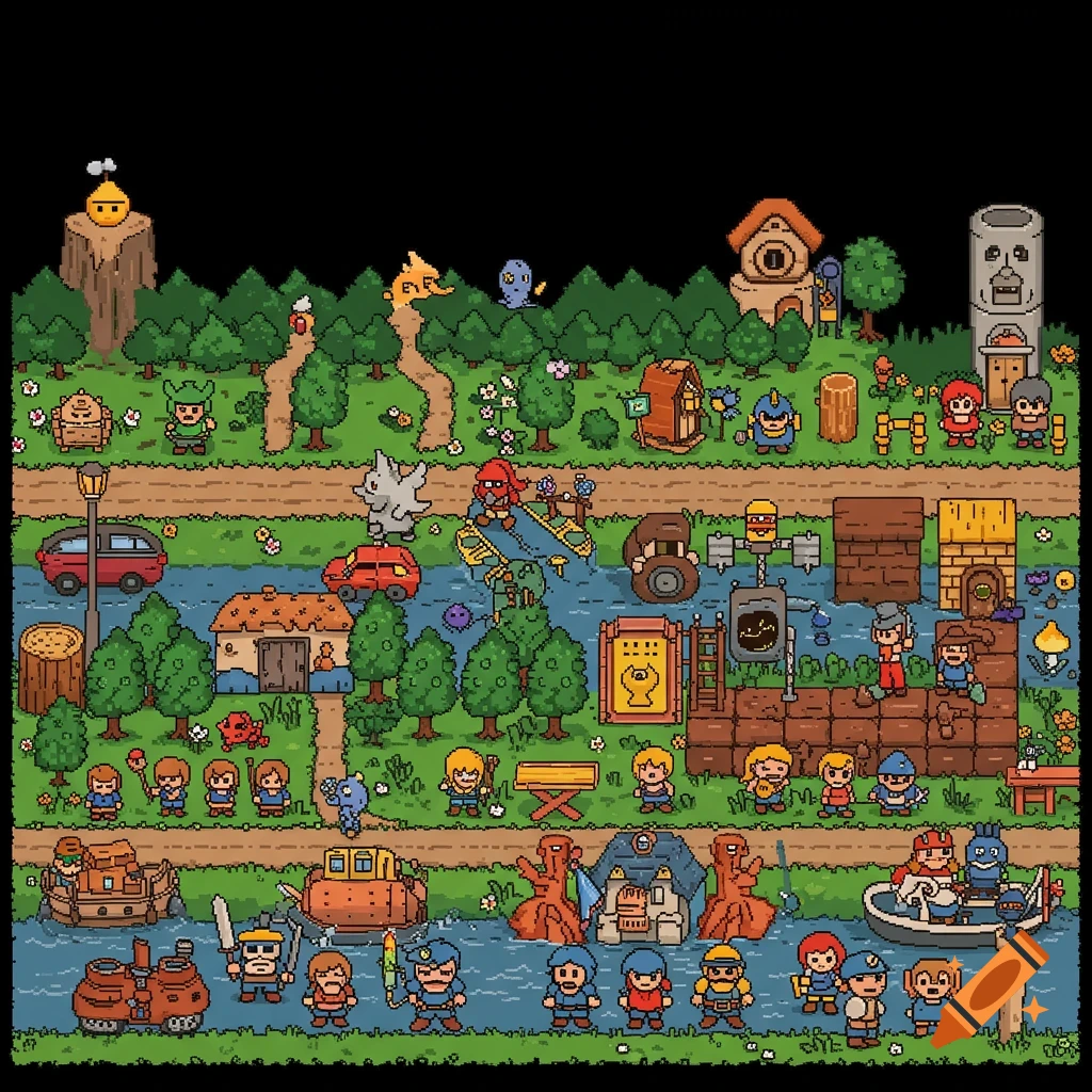 Detailed pixel art landscape with characters, buildings, river, and ...