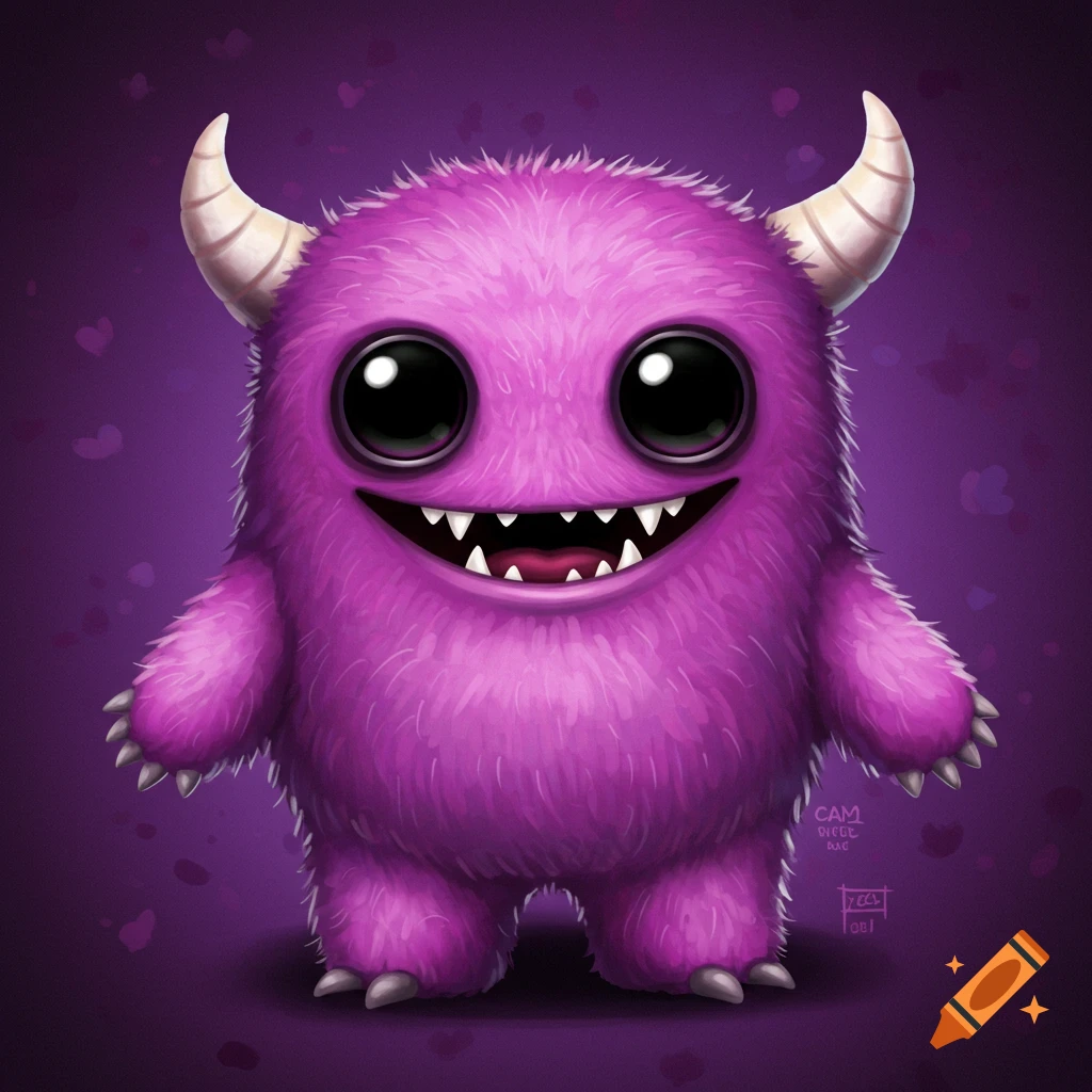 A cute purple fuzzy monster with big eyes, horns, and sharp teeth ...