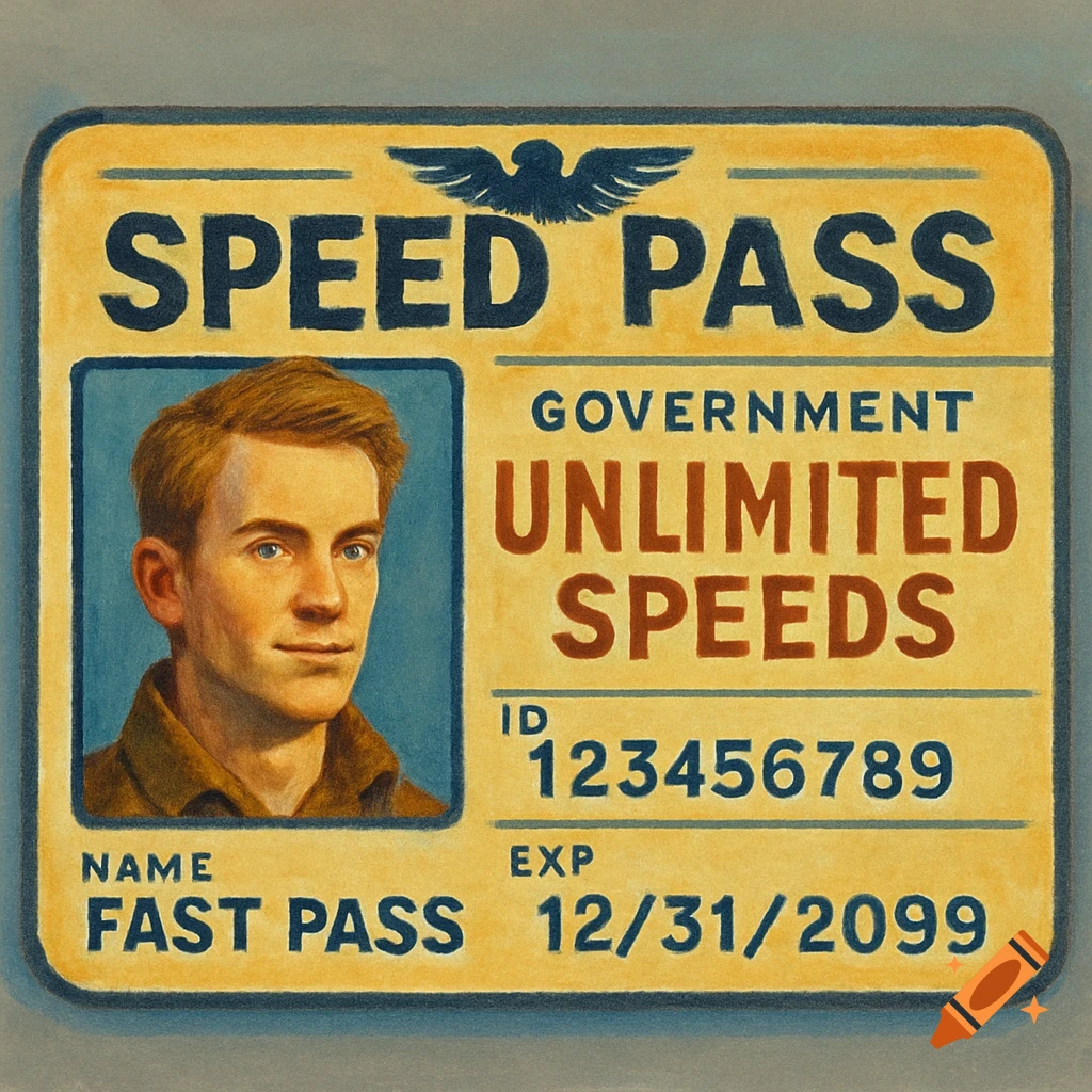 Illustration of a yellow 'Speed Pass' ID card with a man's portrait. on Craiyon