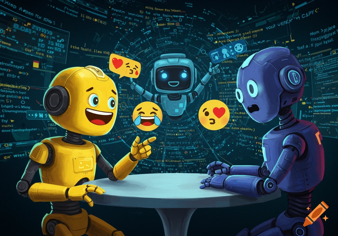 Three cartoon robots sitting at a table, debating and surrounded by ...