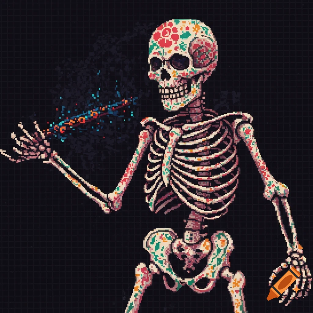 Pixel art skeleton decorated with flowers on a grid background, holding ...