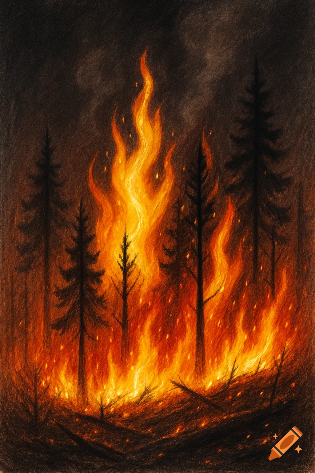 Drawing of a forest fire engulfing trees with smoke and embers. on Craiyon