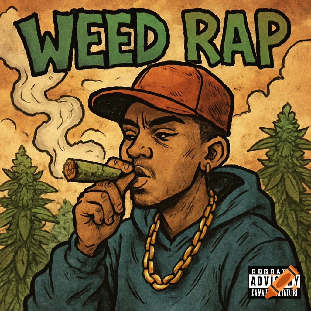Illustration of a rapper smoking a joint with cannabis plants and text ...