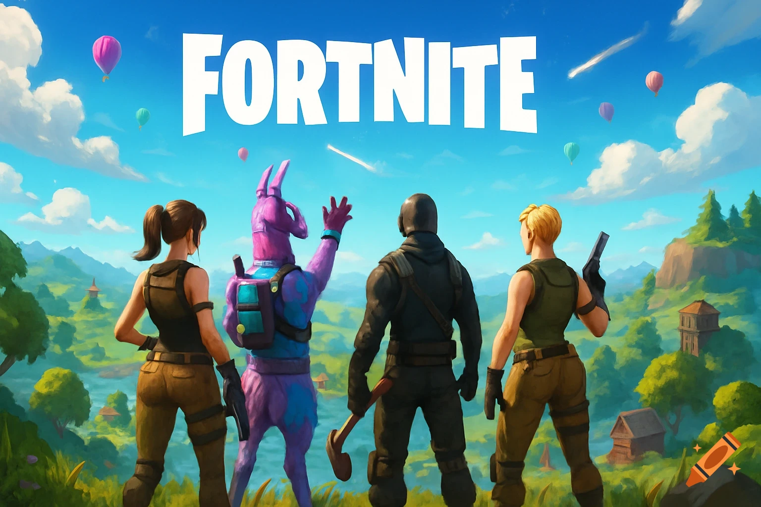 Fortnite characters and a Llama looking over a landscape with hot air ...