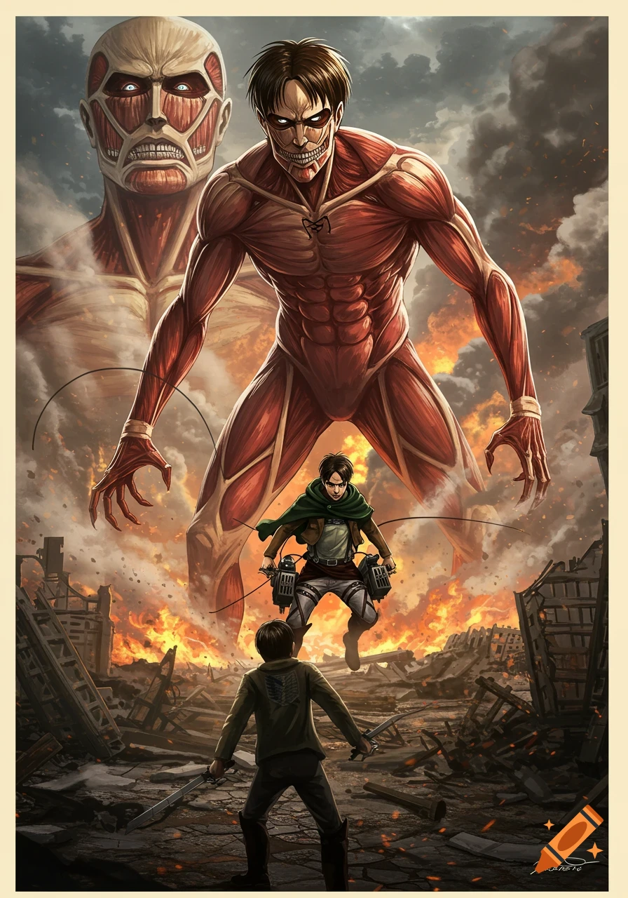 Anime illustration of a giant Titan and humans in battle amidst a ...