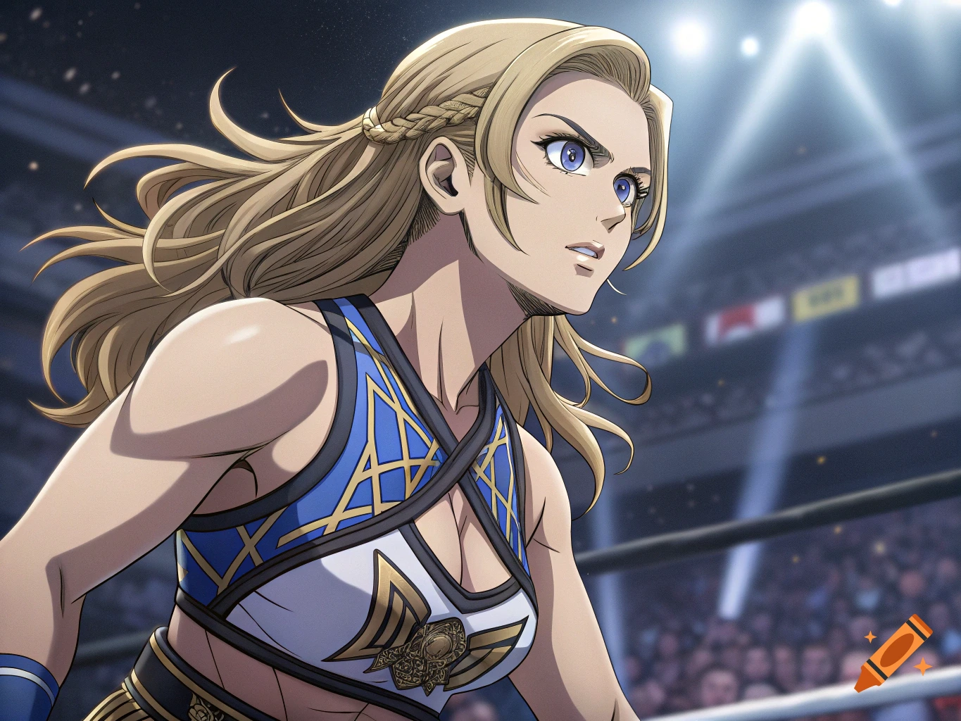 Anime blonde female wrestler in a ring with crowd and spotlights. on ...