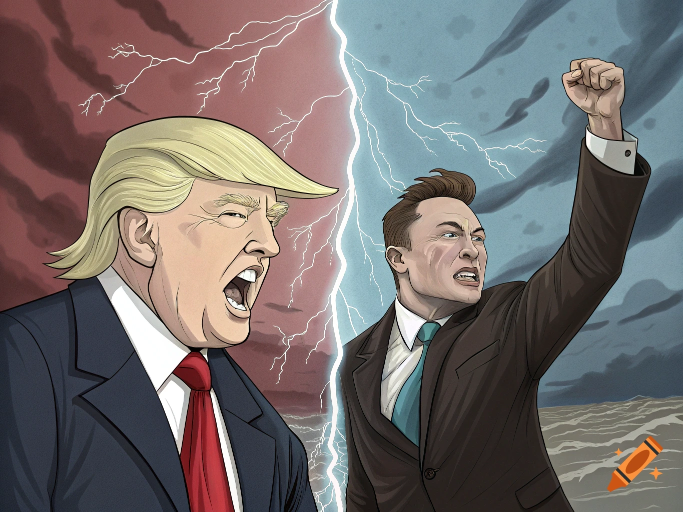 Cartoon of Donald Trump and Elon Musk yelling at each other during a ...