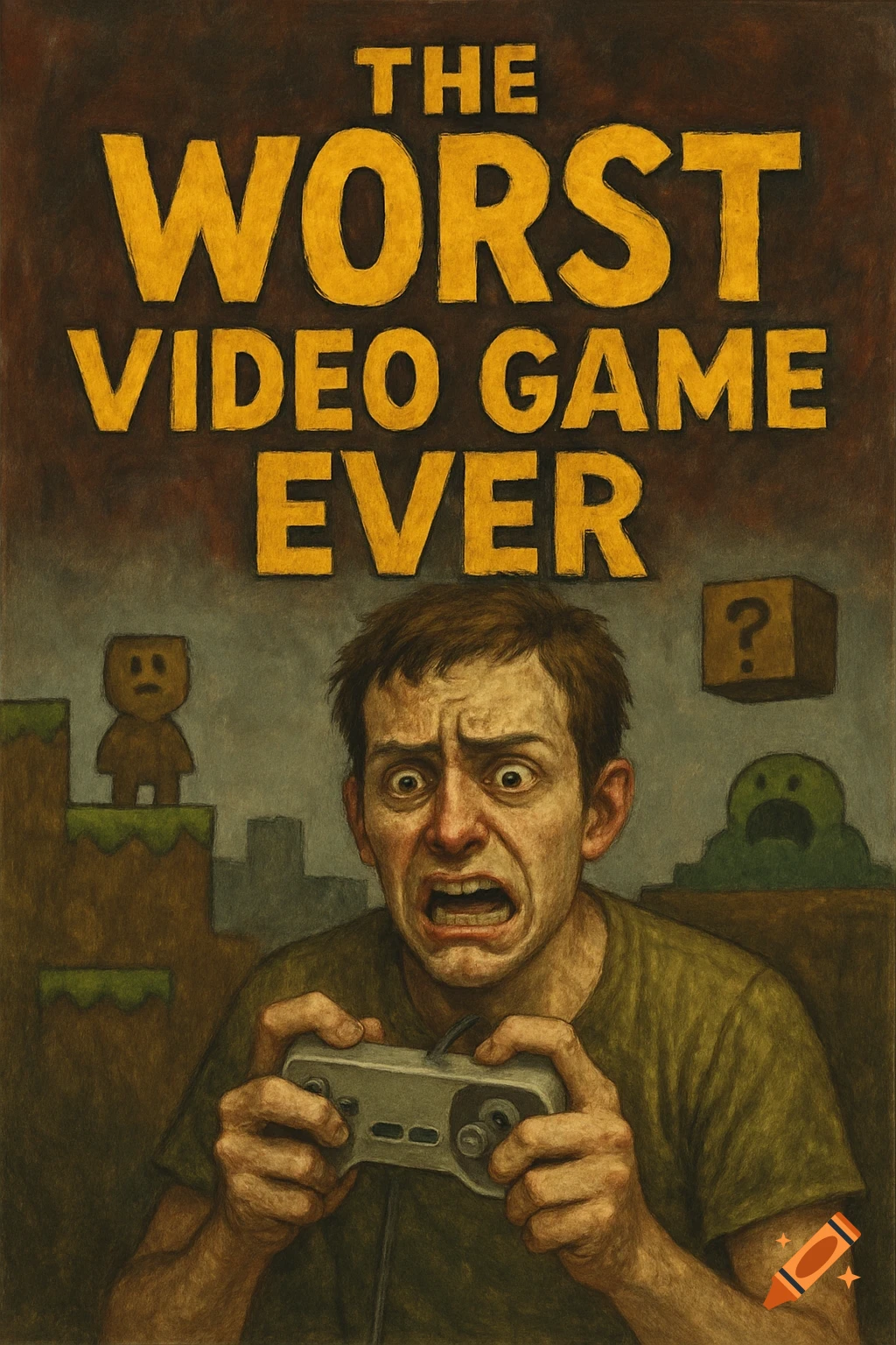 Illustration of a scared man playing a retro video game with game ...