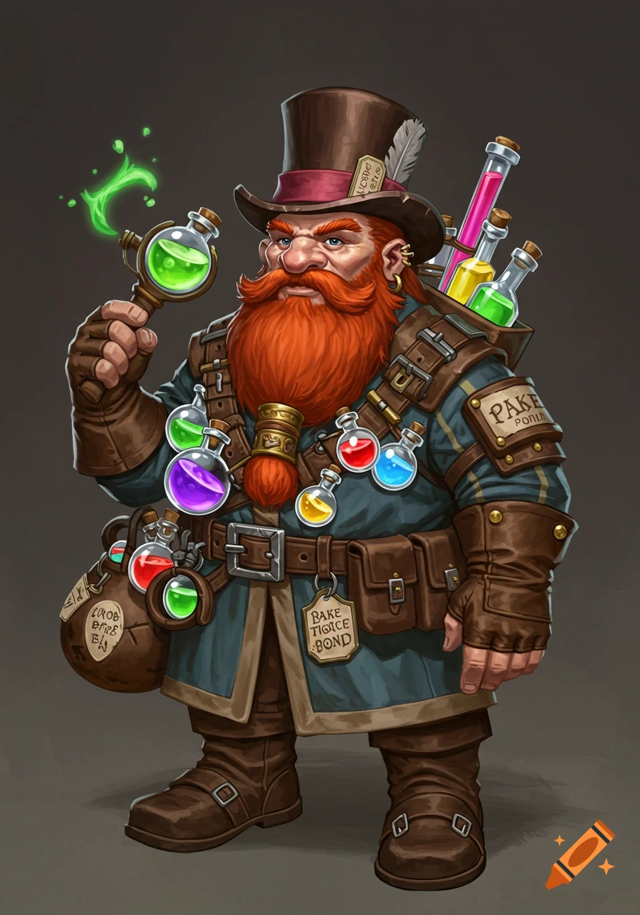Fantasy illustration of a dwarf alchemist with a red beard, top hat ...
