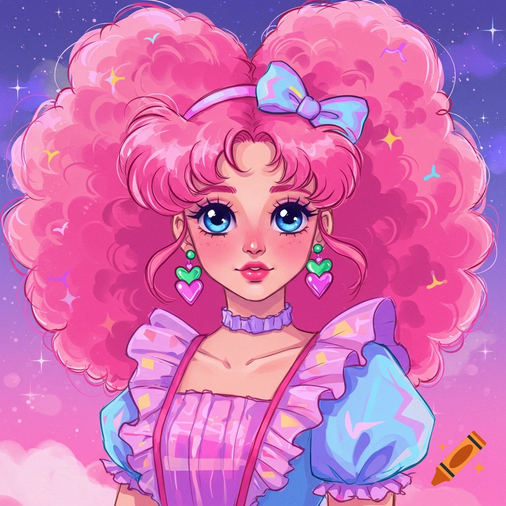 Portrait of an 80s style anime girl with large pink hair and a colorful ...