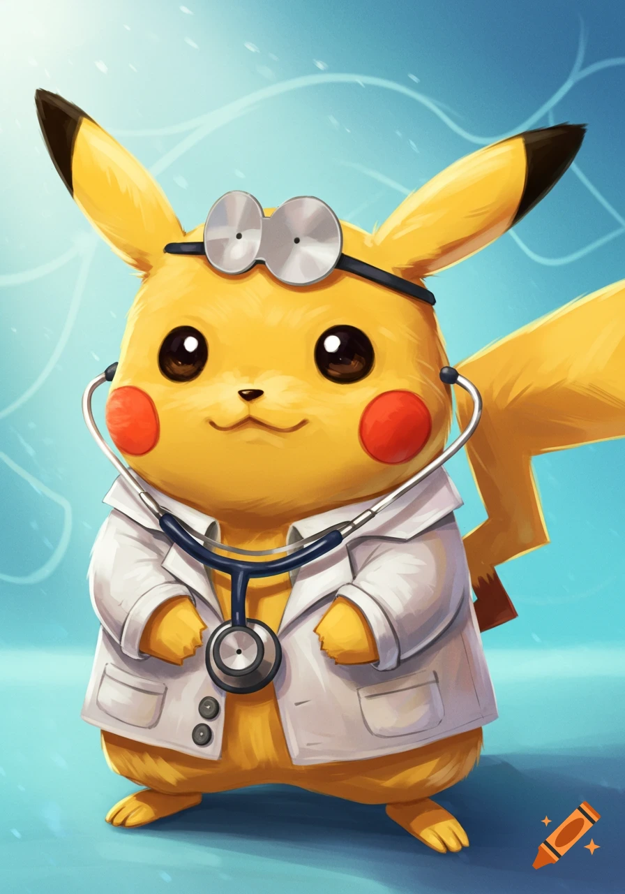 Illustration of Pikachu dressed as a doctor with a stethoscope and head ...