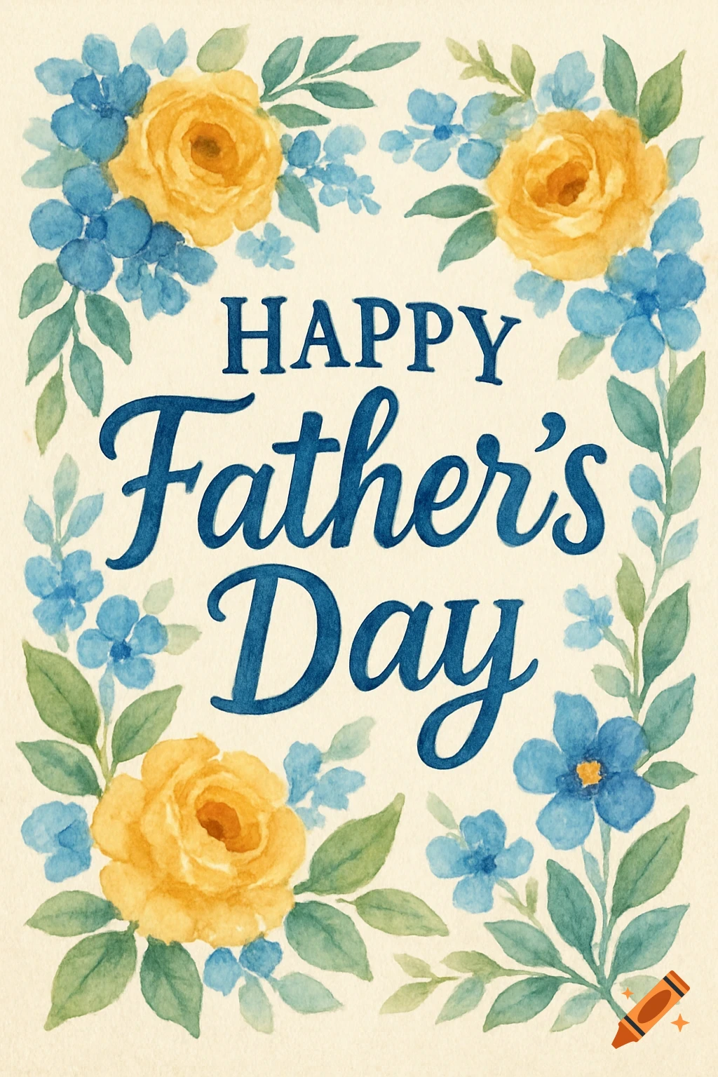 Watercolor Father's Day card with yellow roses and blue flowers. on Craiyon