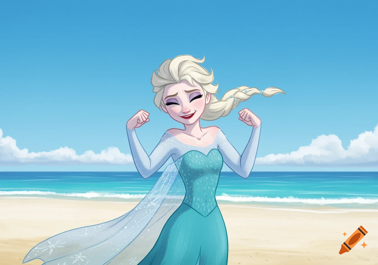 Cartoon illustration of Elsa from Frozen flexing her arms on a sunny ...