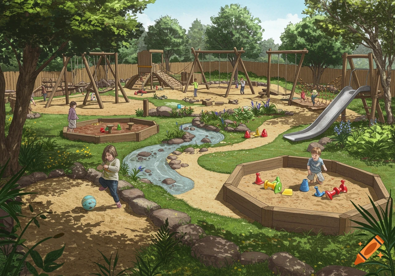 Illustration of children playing in a natural playground with sandpits ...