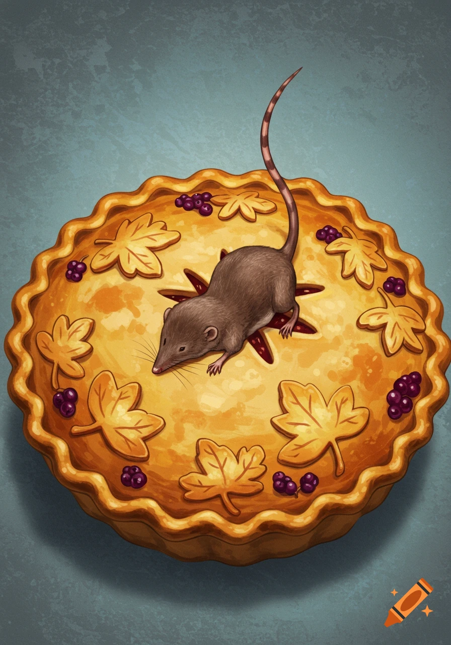 An illustration of a small brown rat emerging from a pie with ...