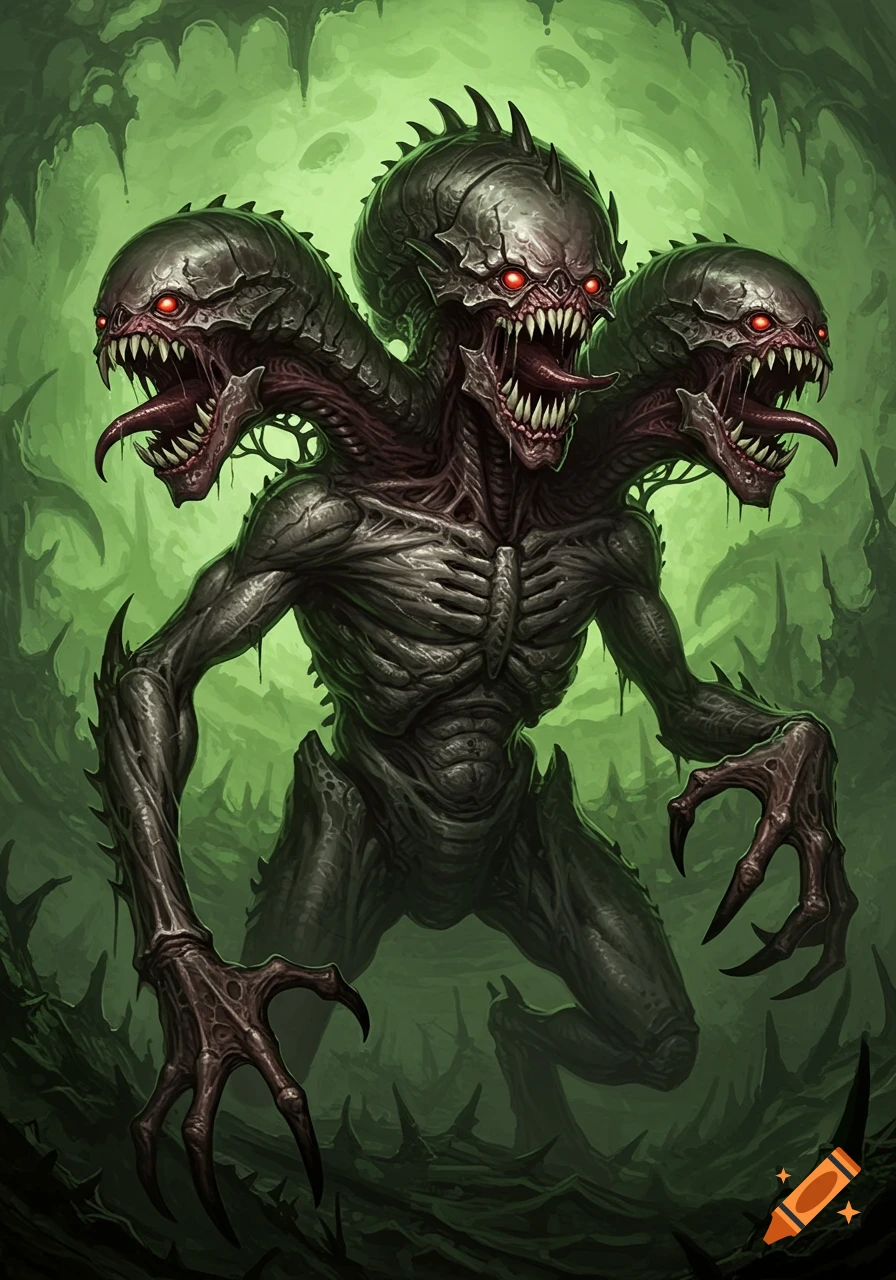Multi-headed creature with claws and sharp teeth in a green cavernous ...