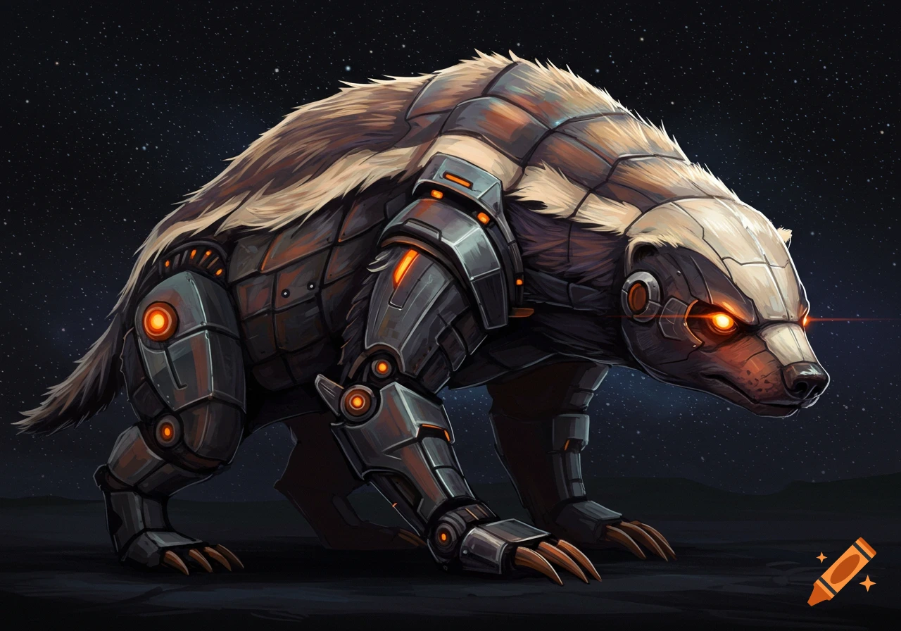 A robotic honey badger with glowing orange eyes stands against a starry ...