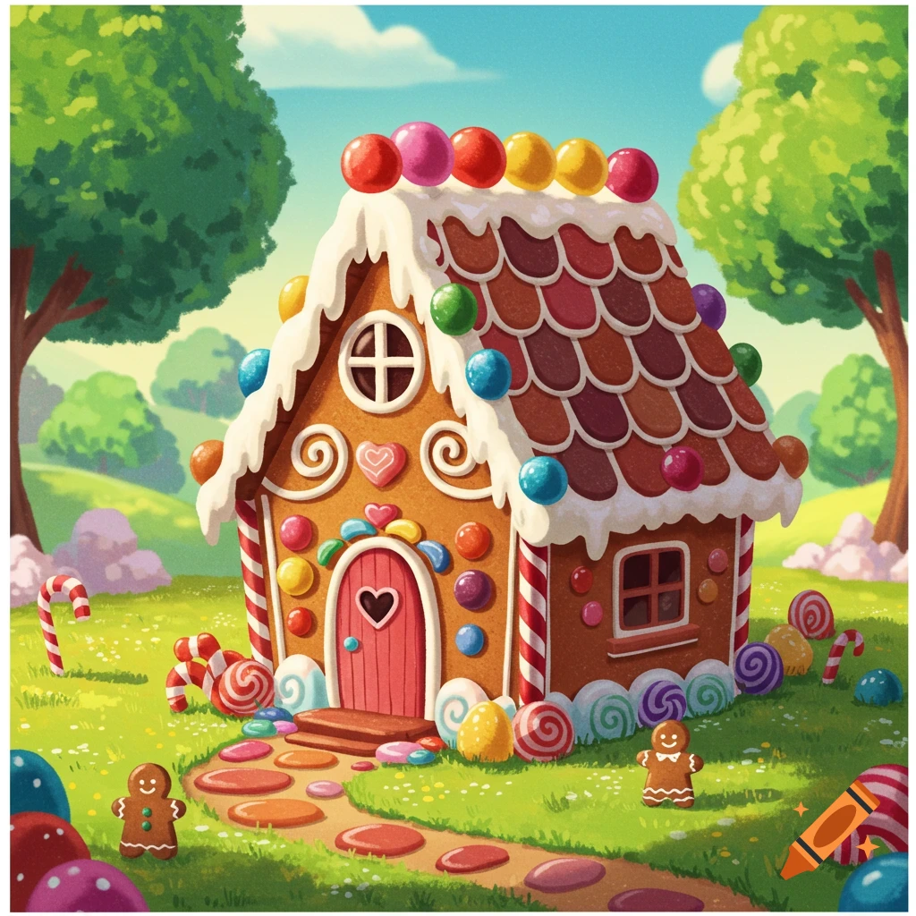 A cartoon gingerbread house decorated with candy sits in a grassy field ...